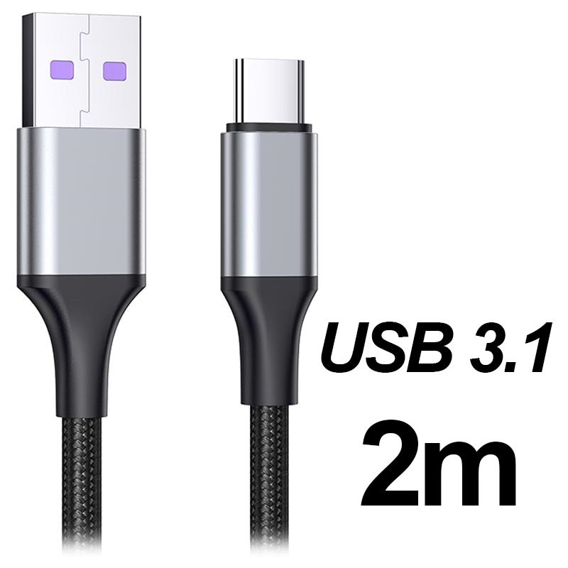 Braided USB 3.1 Type-C Data / Charging Cable - 5A/40W - 2m - Black