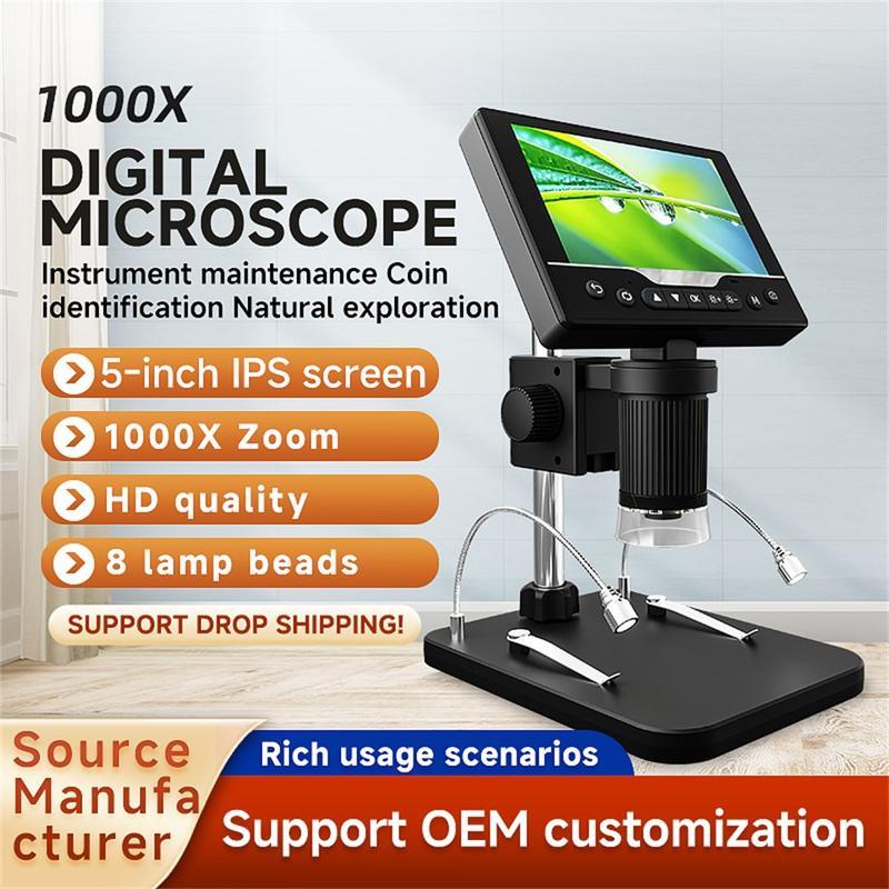 V17 Handheld Digital Microscope with 5″ IPS Screen - 5-1000× Zoom - Black